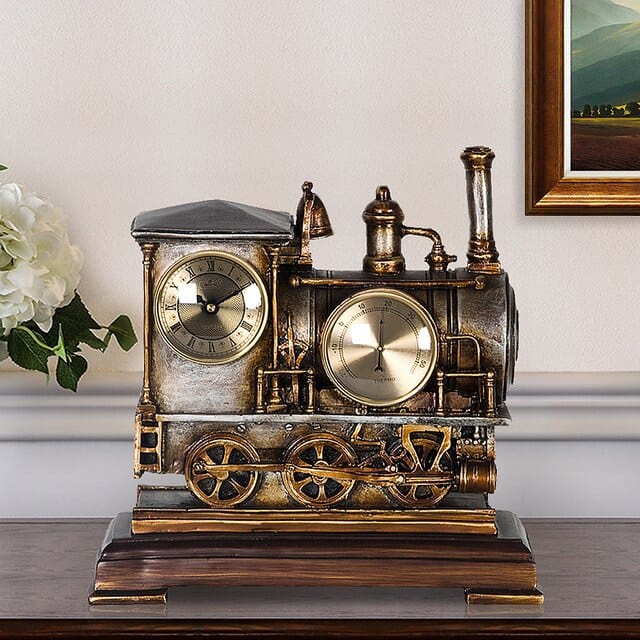 Vintage Train Desktop Quartz Alarm Clock With Thermometer and Roman ...